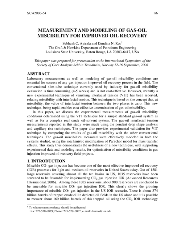 (PDF) Measurement and Modeling of Gas-Oil Miscibility for Improved Oil Recovery