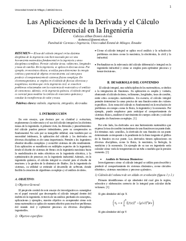 (PDF) Aplicación de las derivadas y el calculo integral en las ingenierias