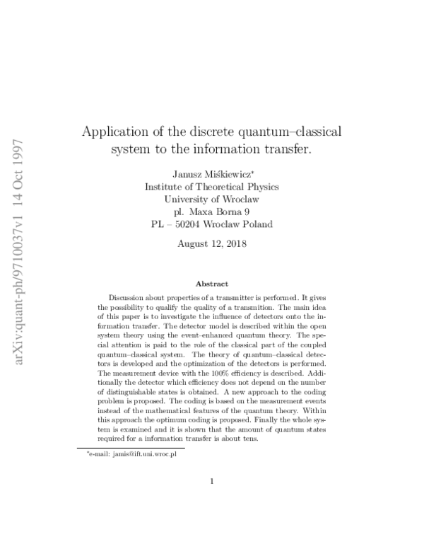 (PDF) Application of the Discrete Quantum - Classical System to the ...