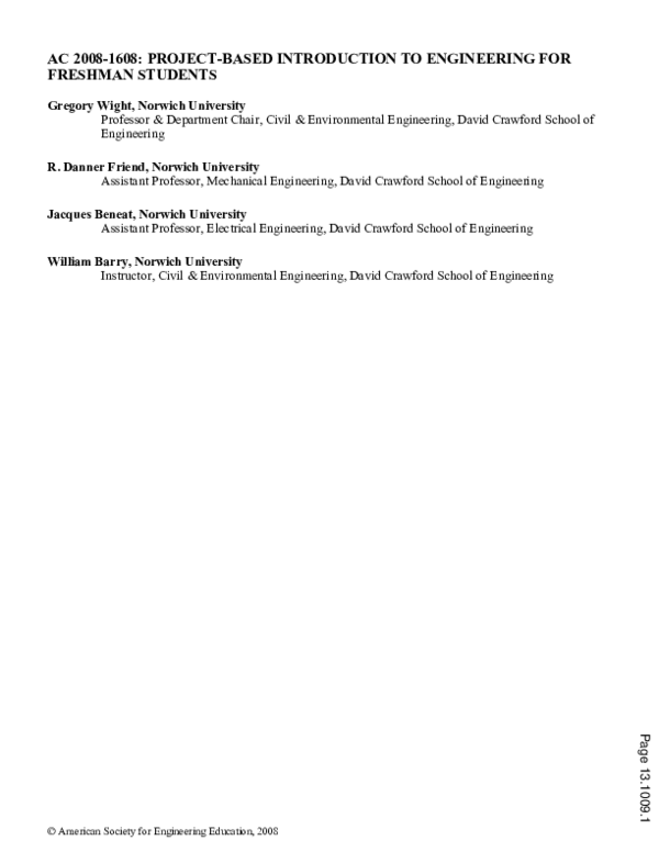 (PDF) Project Based Introduction To Engineering For Freshman Students