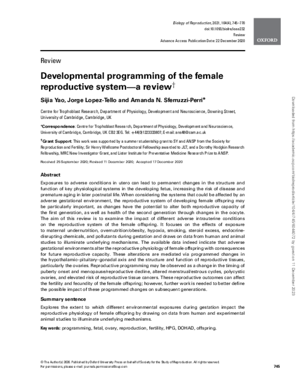 (PDF) Developmental programming of the female reproductive system—a review