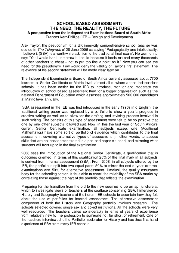 (PDF) SCHOOL BASED ASSESSMENT : THE NEED, THE REALITY, THE FUTURE