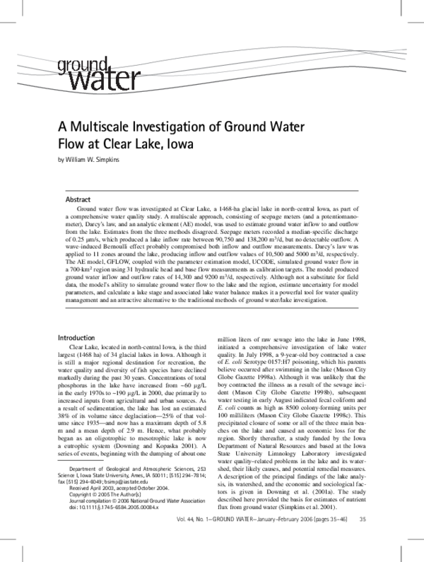 (PDF) A Multiscale Investigation of Ground Water Flow at Clear Lake, Iowa