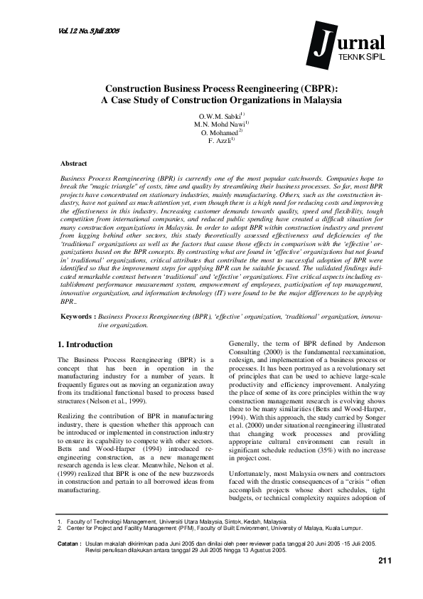 (PDF) Construction Business Process Reengineering (CBPR): A Case Study of Construction ...