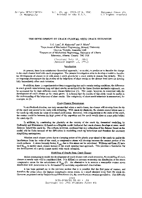 (PDF) The development of crack closure with crack extension