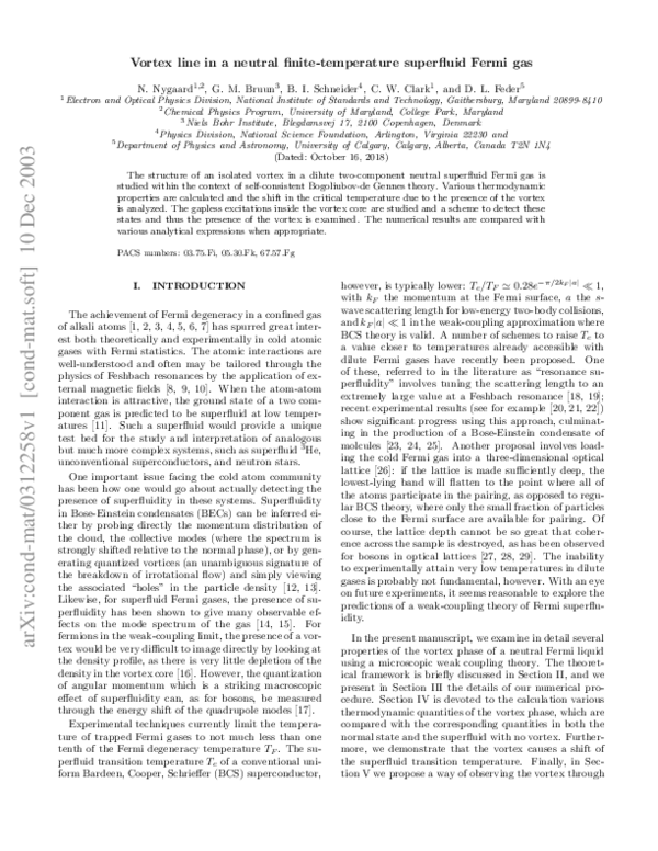 (PDF) Vortex line in a neutral finite-temperature superfluid Fermi gas | David Feder - Academia.edu