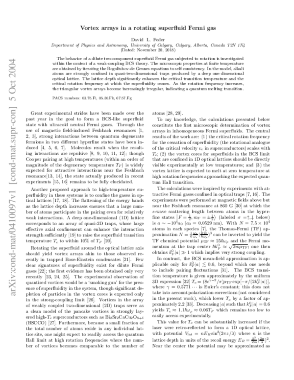 (PDF) Vortex Arrays in a Rotating Superfluid Fermi Gas