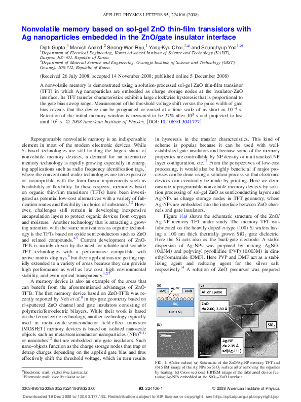(PDF) Nonvolatile memory based on sol-gel ZnO thin-film transistors with Ag nanoparticles ...