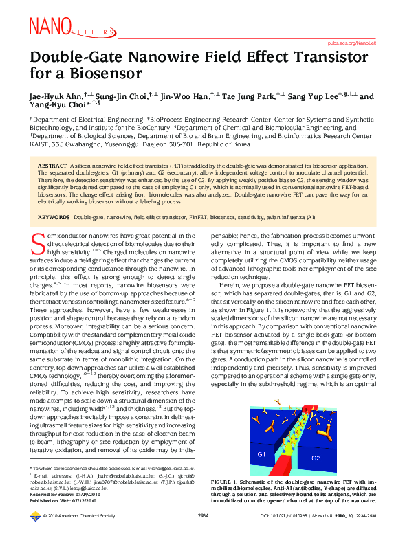 (PDF) Double-Gate Nanowire Field Effect Transistor for a Biosensor | Yang-Kyu Choi - Academia.edu