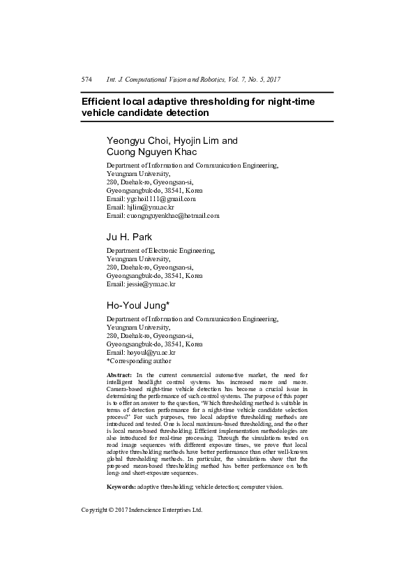 (PDF) Efficient local adaptive thresholding for night-time vehicle candidate detection