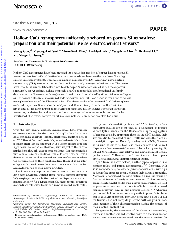 (PDF) CuO Nanospheres on Porous Si Nanowires for Sensing