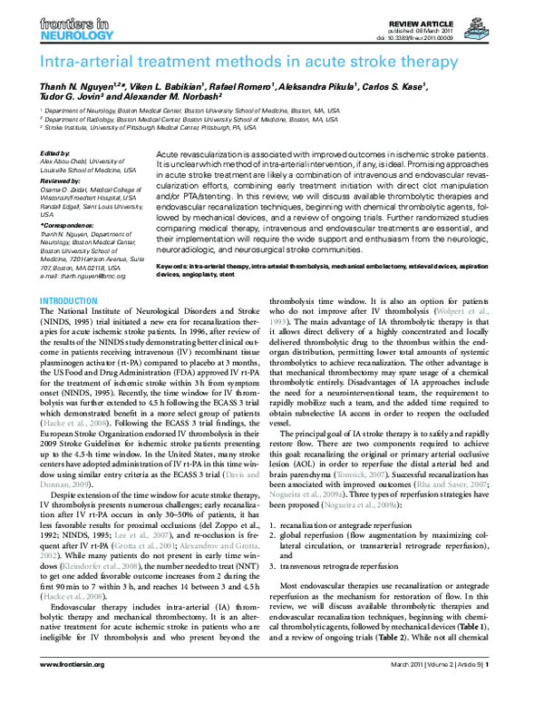 (PDF) Intra-Arterial Treatment Methods in Acute Stroke Therapy
