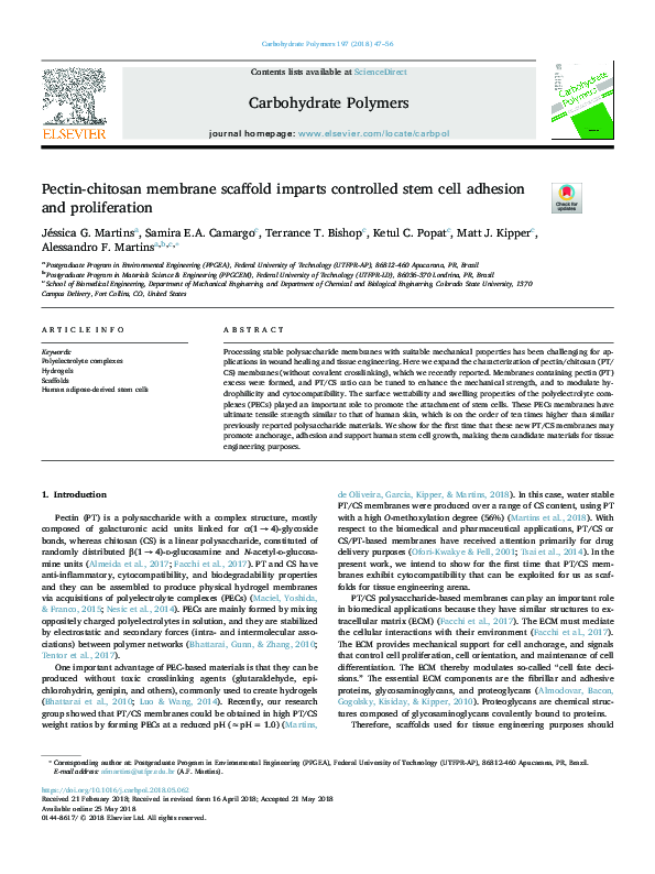 (PDF) Pectin-chitosan membrane scaffold imparts controlled stem cell adhesion and proliferation
