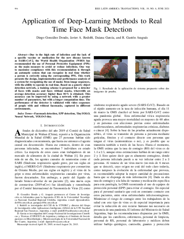 (PDF) Application of Deep-Learning Methods to Real Time Face Mask Detection