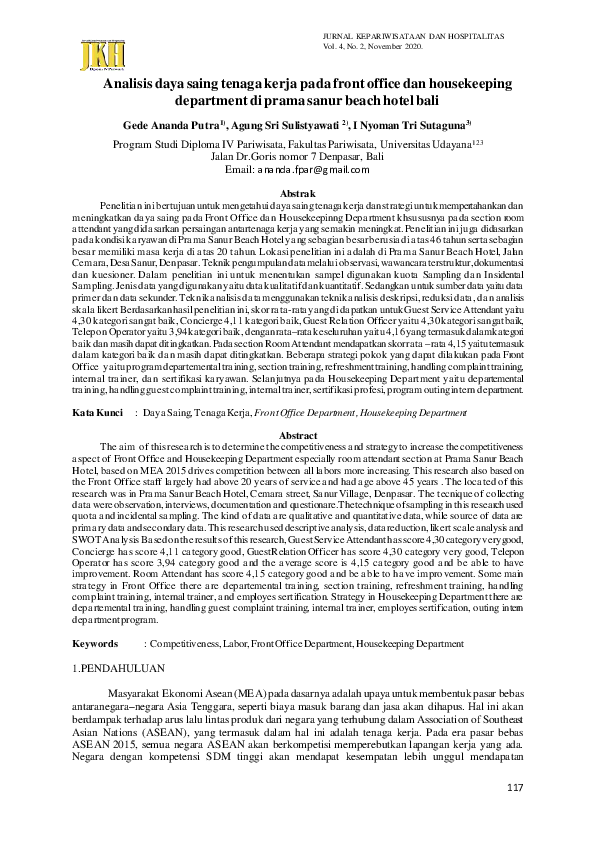 (PDF) Analisis daya saing tenaga kerja pada front office dan housekeeping department di prama ...