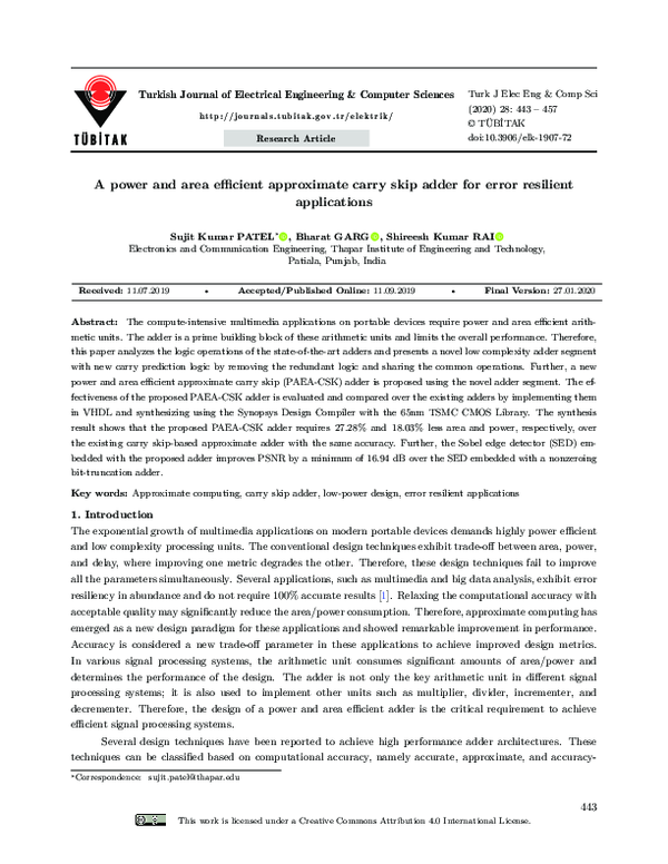 (PDF) A power and area efficient approximate carry skip adder for error resilient applications