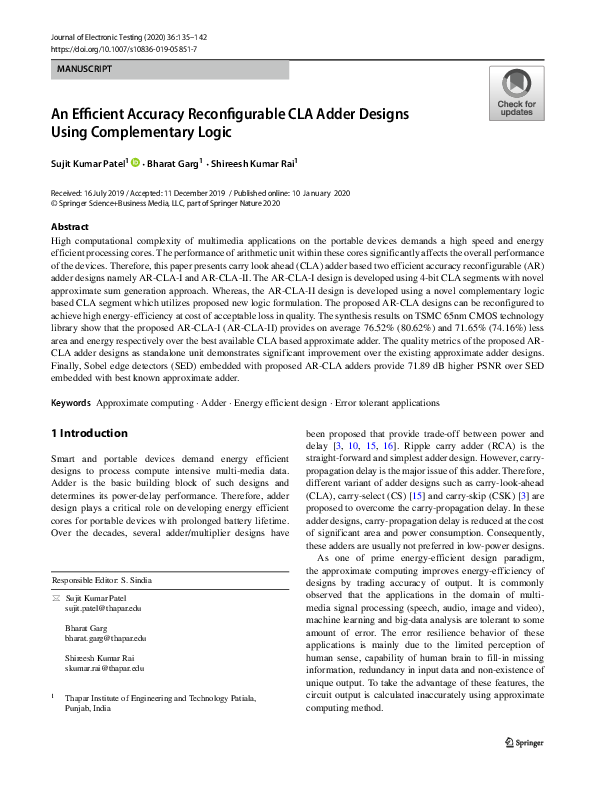 Pdf An Efficient Accuracy Reconfigurable Cla Adder Designs Using Complementary Logic