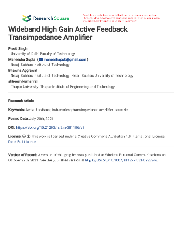 (PDF) Wideband High Gain Active Feedback Transimpedance Amplifier