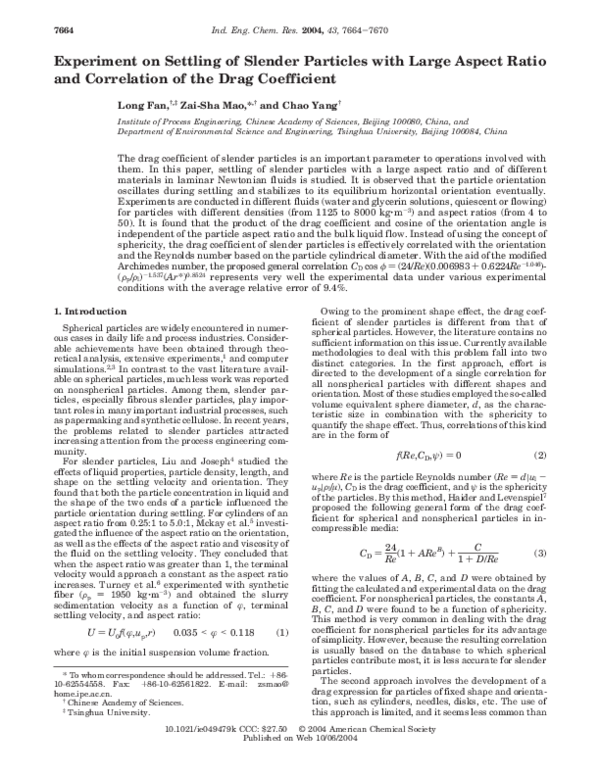 (PDF) Experiment on Settling of Slender Particles with Large Aspect Ratio and Correlation of the ...
