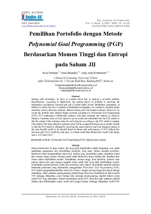 (PDF) Pemilihan Portofolio dengan Metode Polynomial Goal Programming (PGP) Berdasarkan Momen ...