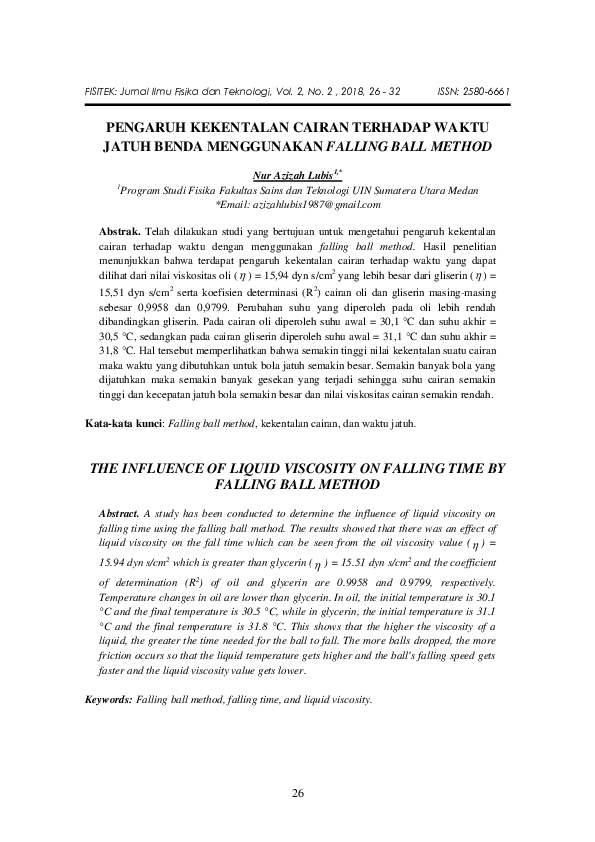 (PDF) The Influence of Liquid Viscosity on Falling Time by Falling Ball ...