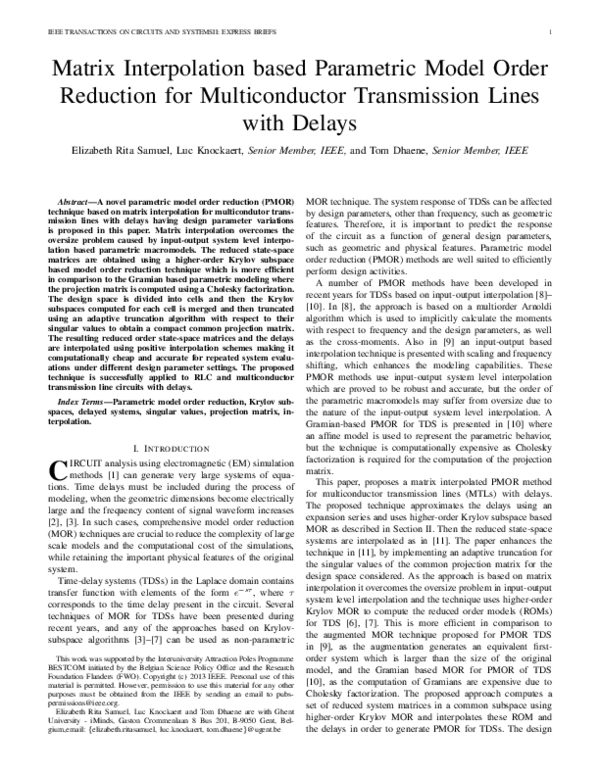 Pdf Matrix Interpolation Based Parametric Model Order Reduction For