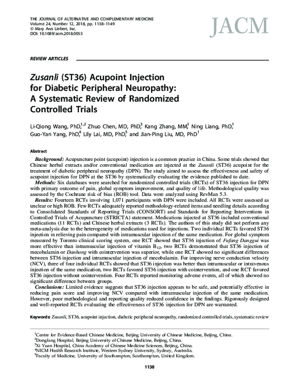 (PDF) Zusanli (ST36) Acupoint Injection for Diabetic Peripheral Neuropathy: A Systematic Review ...
