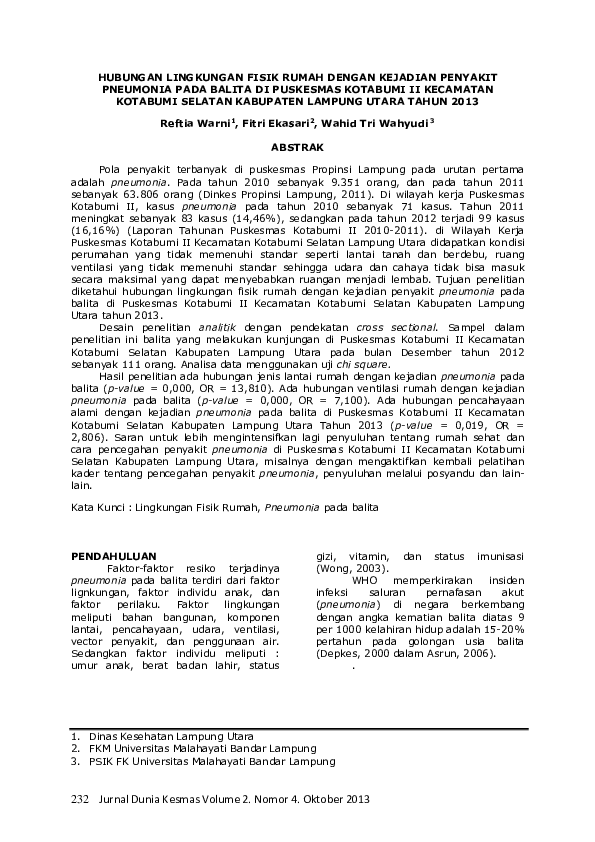 (PDF) Hubungan Lingkungan Fisik Rumah Dengan Kejadian Pen Yakit Pneumonia Pada Balita DI ...