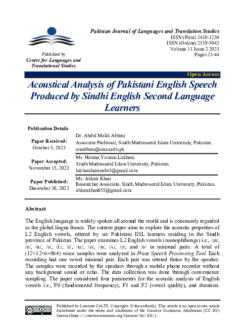 (PDF) Acoustical Analysis of Pakistani English Speech Produced by Sindhi English Second Language ...