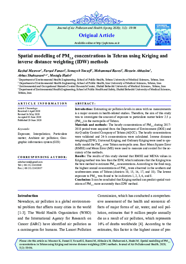 (PDF) Spatial modelling of PM2.5 concentrations in Tehran using Kriging ...