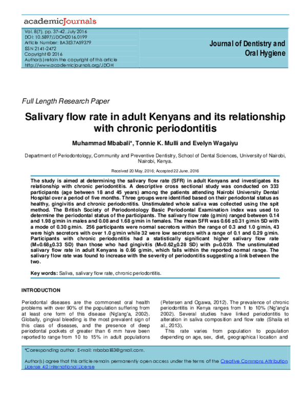 (PDF) Salivary flow rate in adult Kenyans and its relationship with chronic periodontitis
