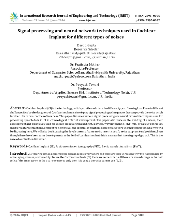 (PDF) Signal processing and neural network techniques used in Cochlear Implant for different ...