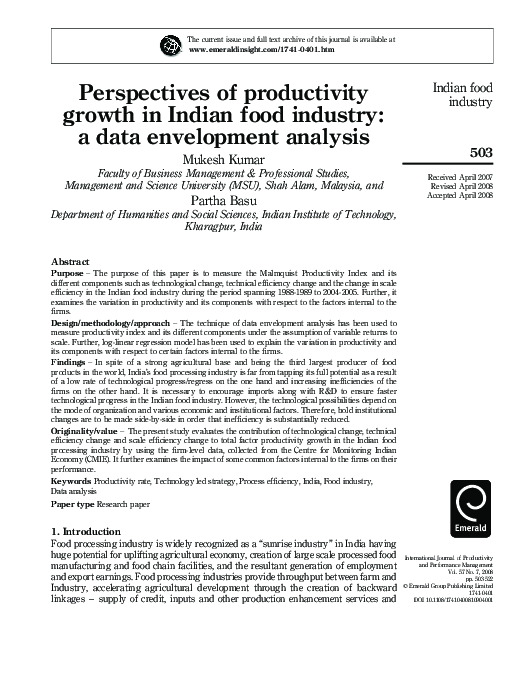 (PDF) Perspectives of productivity growth in Indian food industry: a data envelopment analysis