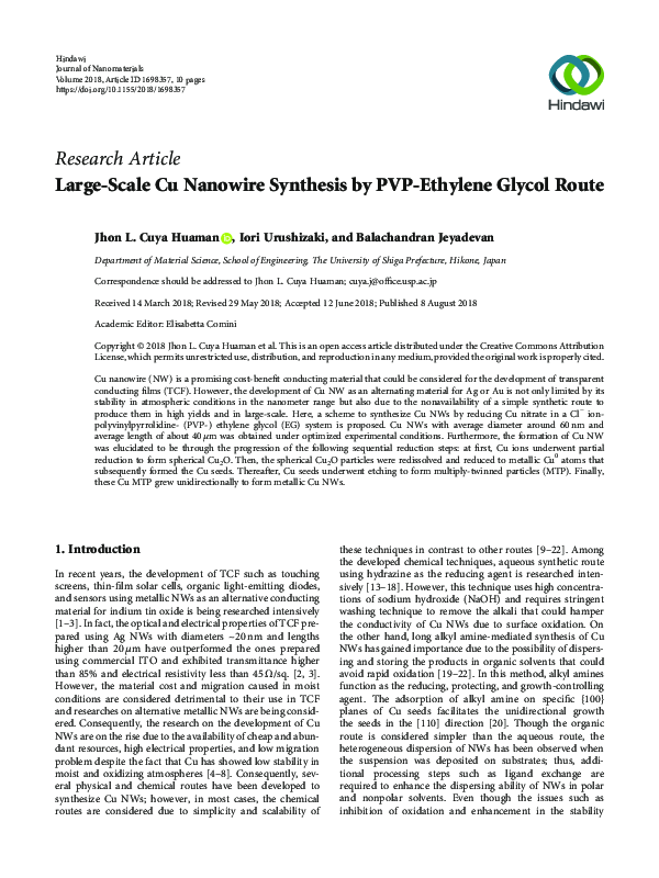 (PDF) Large-Scale Cu Nanowire Synthesis by PVP-Ethylene Glycol Route