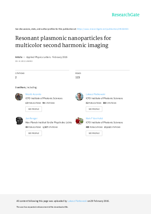 (PDF) Resonant plasmonic nanoparticles for multicolor second harmonic imaging