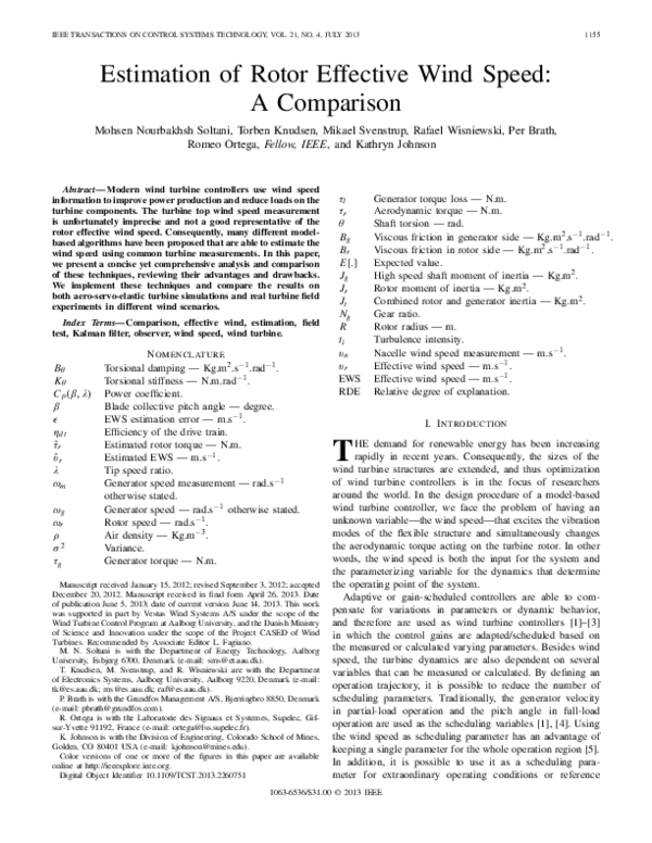 Pdf Estimation Of Rotor Effective Wind Speed A Comparison