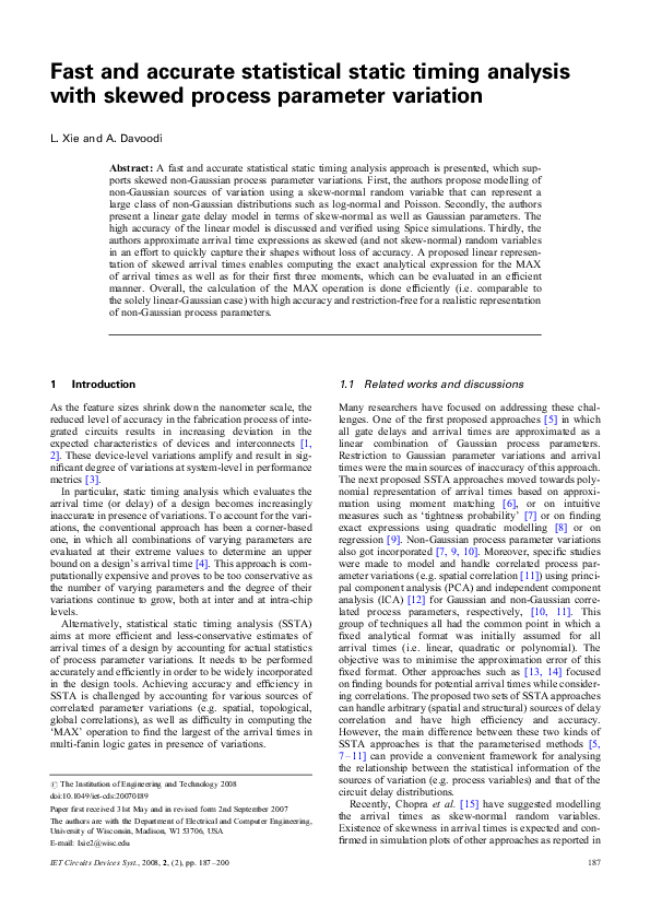 Pdf Fast And Accurate Statistical Static Timing Analysis With Skewed