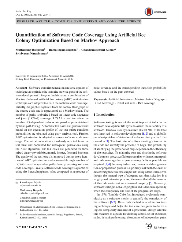 Pdf Quantification Of Software Code Coverage Using Artificial Bee Colony Optimization Based On