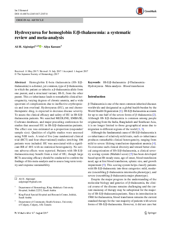 (PDF) Hydroxyurea for hemoglobin E/β-thalassemia: a systematic review ...