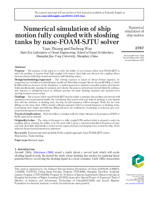 (PDF) Numerical simulation of ship motion fully coupled with sloshing tanks by naoe-FOAM-SJTU solver