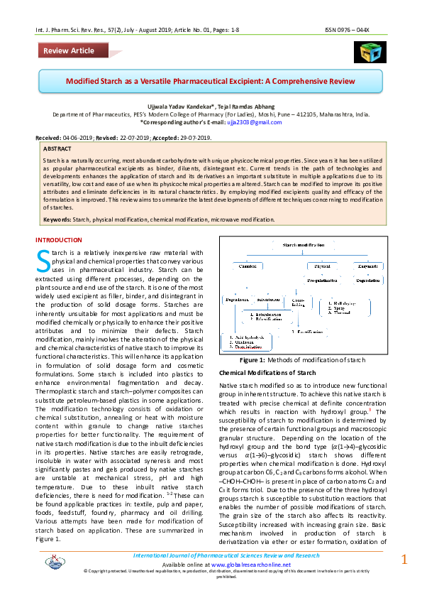 (PDF) Modified Starch as a Versatile Pharmaceutical Excipient : A ...