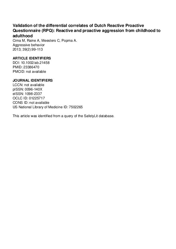 (PDF) Validation of the Dutch Reactive Proactive Questionnaire (RPQ ...