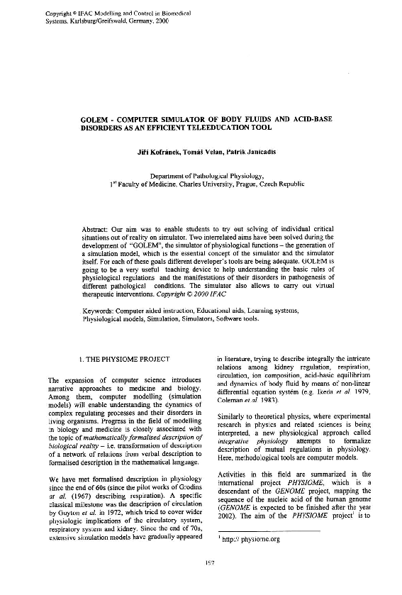 (PDF) GOLEM - Computer Simulator of Body Fluids and Acid-Base Disorders ...