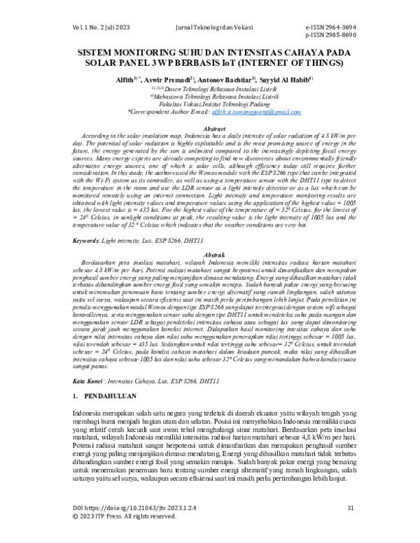 (PDF) SISTEM MONITORING SUHU DAN INTENSITAS CAHAYA PADA SOLAR PANEL 3 WP BERBASIS IoT (INTERNET ...