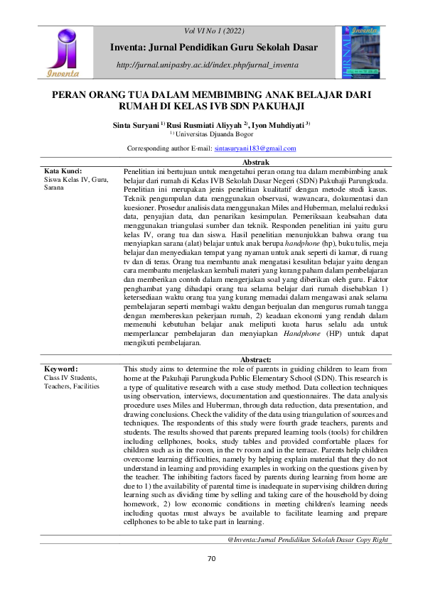 (PDF) Peran Orang Tua Dalam Membimbing Anak Belajar Dari Rumah di Kelas IVb SDN Pakuhaji ...