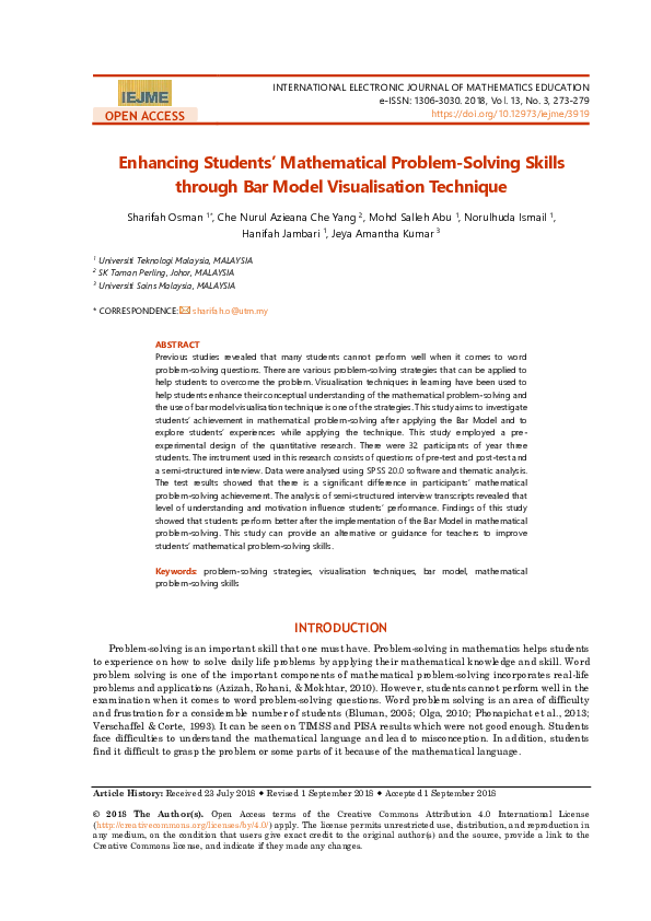 (PDF) Enhancing Students’ Mathematical Problem-Solving Skills through Bar Model Visualisation ...