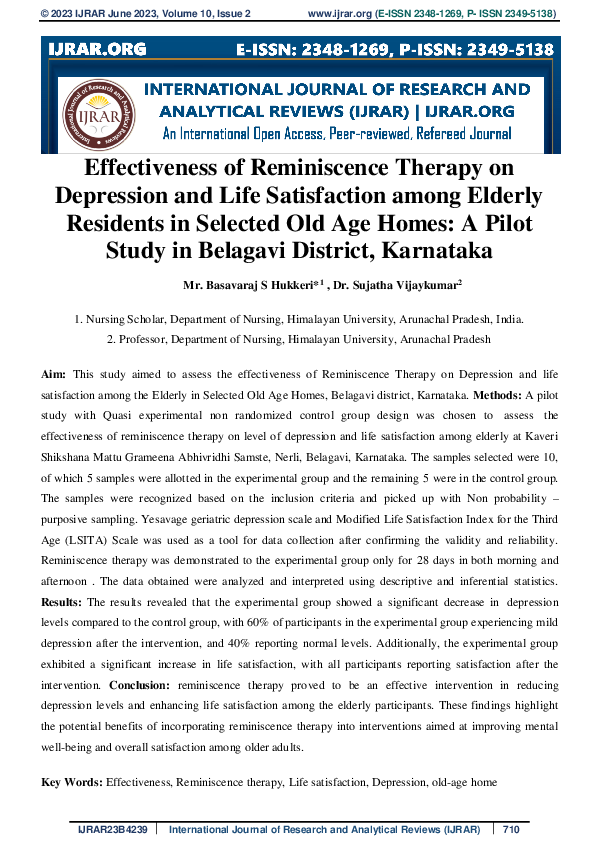 (PDF) Effectiveness of Reminiscence Therapy on Depression and Life Satisfaction among Elderly ...