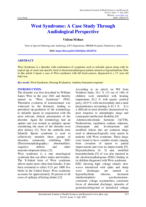 (PDF) West Syndrome: A Case Study Through Audiological Perspective