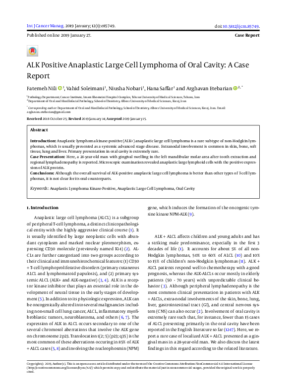 (PDF) ALK Positive Anaplastic Large Cell Lymphoma of Oral Cavity: A ...
