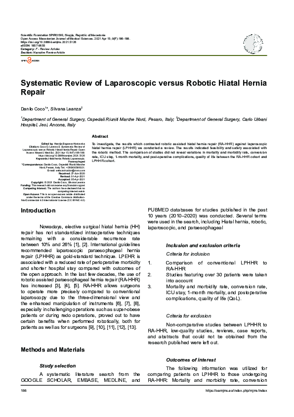 (PDF) Systematic Review of Laparoscopic versus Robotic Hiatal Hernia Repair | Danilo Coco ...